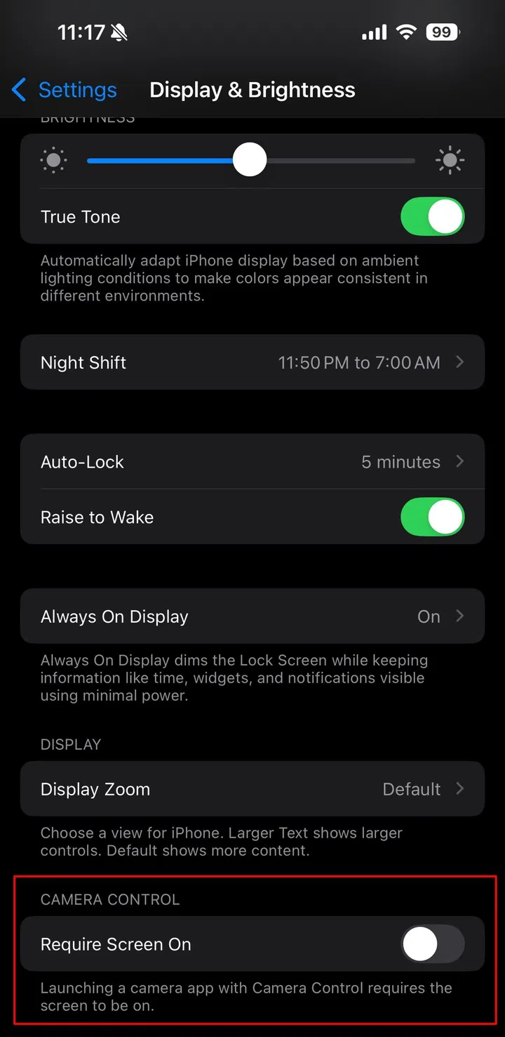 The option is found at the bottom of the Display and Brightness panel ...