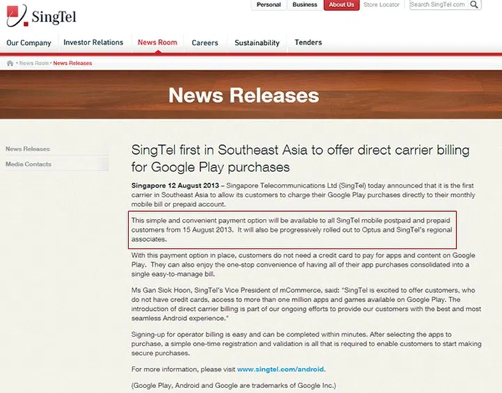 SingTel's Carrier Billing for Google Play Purchases Available for ...