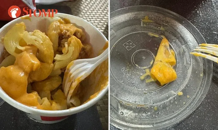 Plastic in KFC Mac N Cheese after corner of sauce bag fell into tub ...