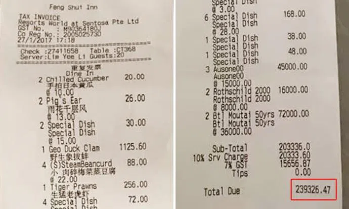 $240,000 meal receipt authentic, but typically ordered by high rollers ...