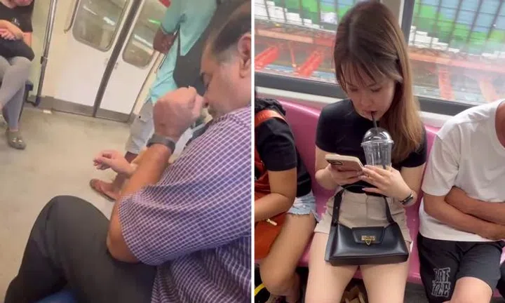Man gets called out for sipping on kopi and trying to stuff plastic bag into MRT seat gap | STOMP