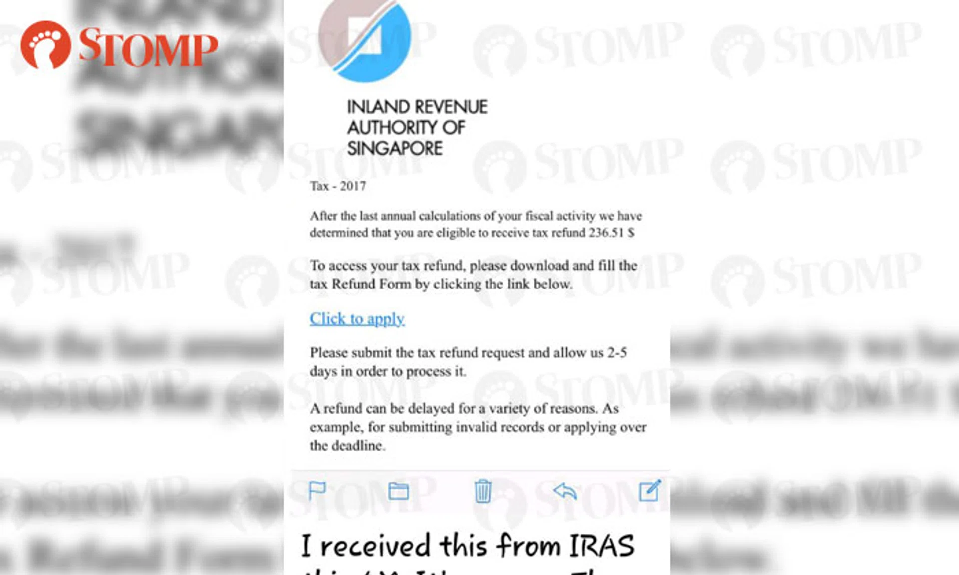 Scam email claims to be from IRAS, offers tax refund and wants your ...