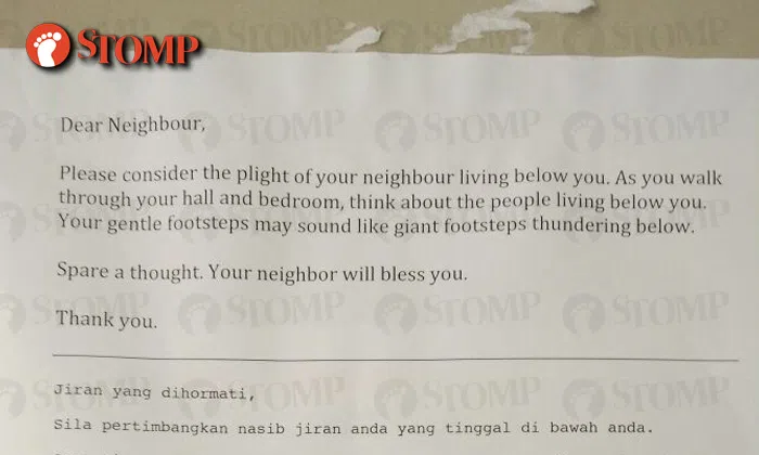 Pasir Ris resident leaves note about neighbour's 'thunderous footsteps ...