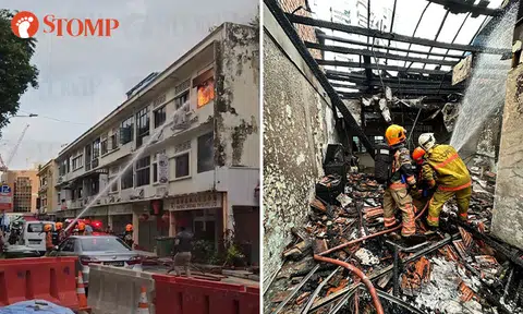 Raging fire burns through roof of shophouse unit in Geylang, 30 people ...
