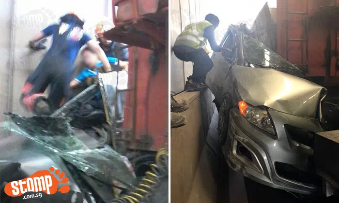 Car completely crushed by trailer truck in Tuas tunnel | STOMP