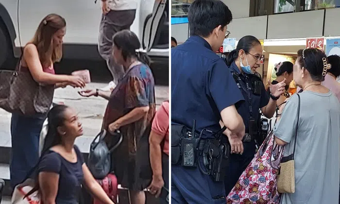 Woman with suitcase seen asking people for money outside Lucky Plaza ...