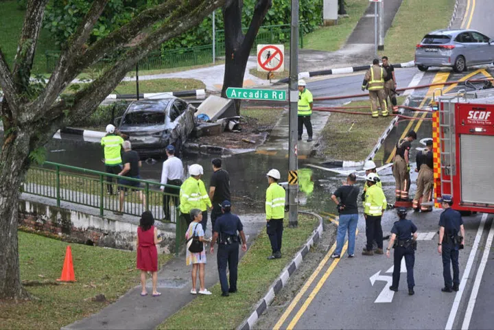 P-plate car on fire after crashing into overground box at Adam Road, SP ...