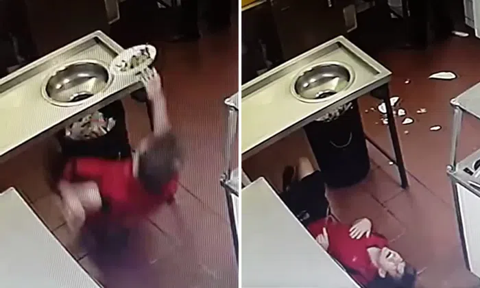 Ouch! See how waiter slips, falls and sends plate crashing | STOMP
