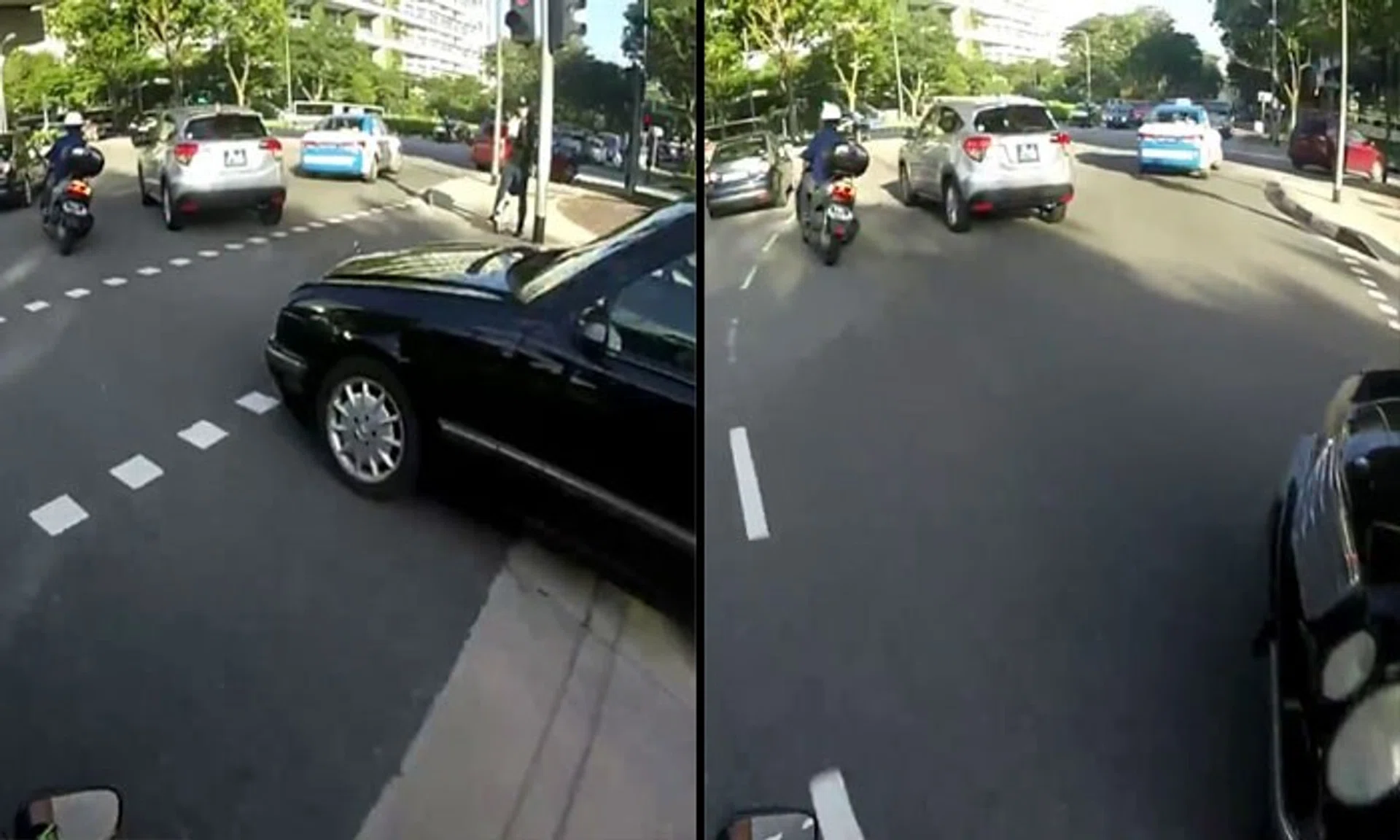 Merc driver almost knocks down biker after going straight on right-turn ...