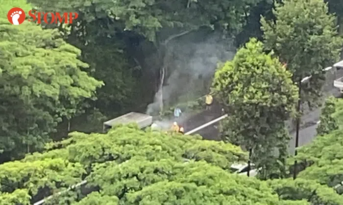 Lorry's front wheel catches fire along AYE | STOMP