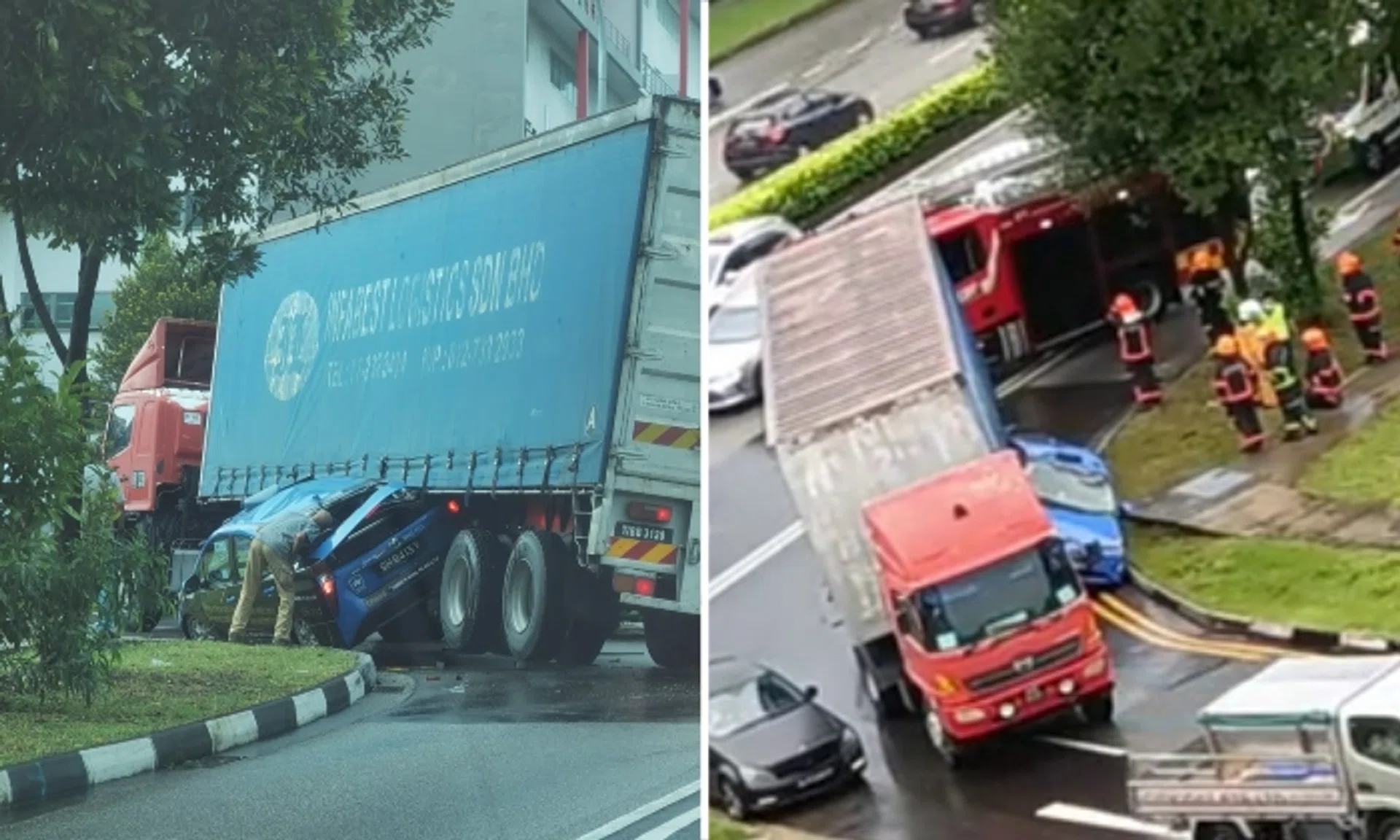 Driver trapped after taxi gets wedged between container lorry and kerb ...
