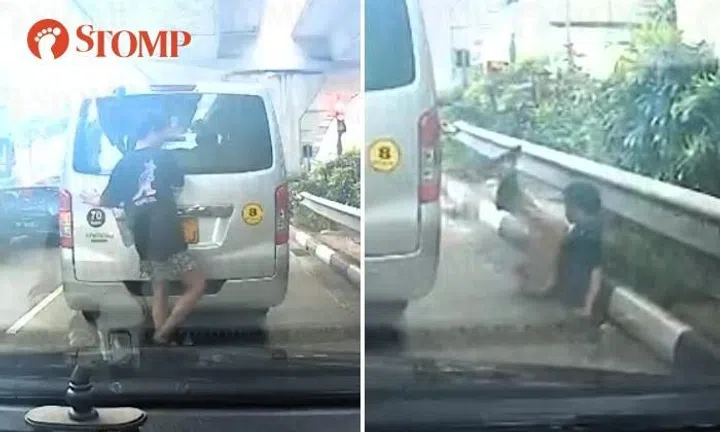 Youth alights, clings onto van as he walks unsteadily around it and ...