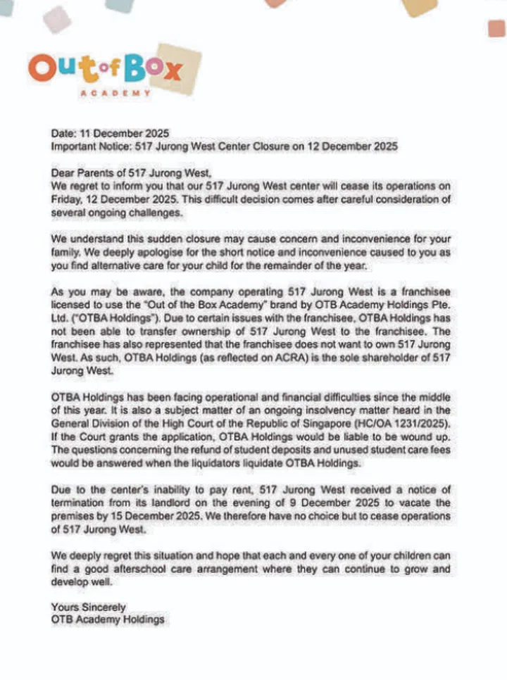 Childcare centre Out of Box Academy shuts suddenly, parents worry over ...