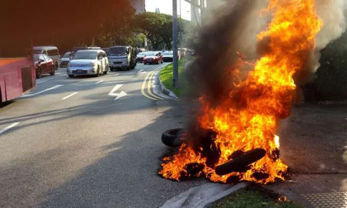 Motorcycle goes up in flames after biker parks it along Moulmein Road ...