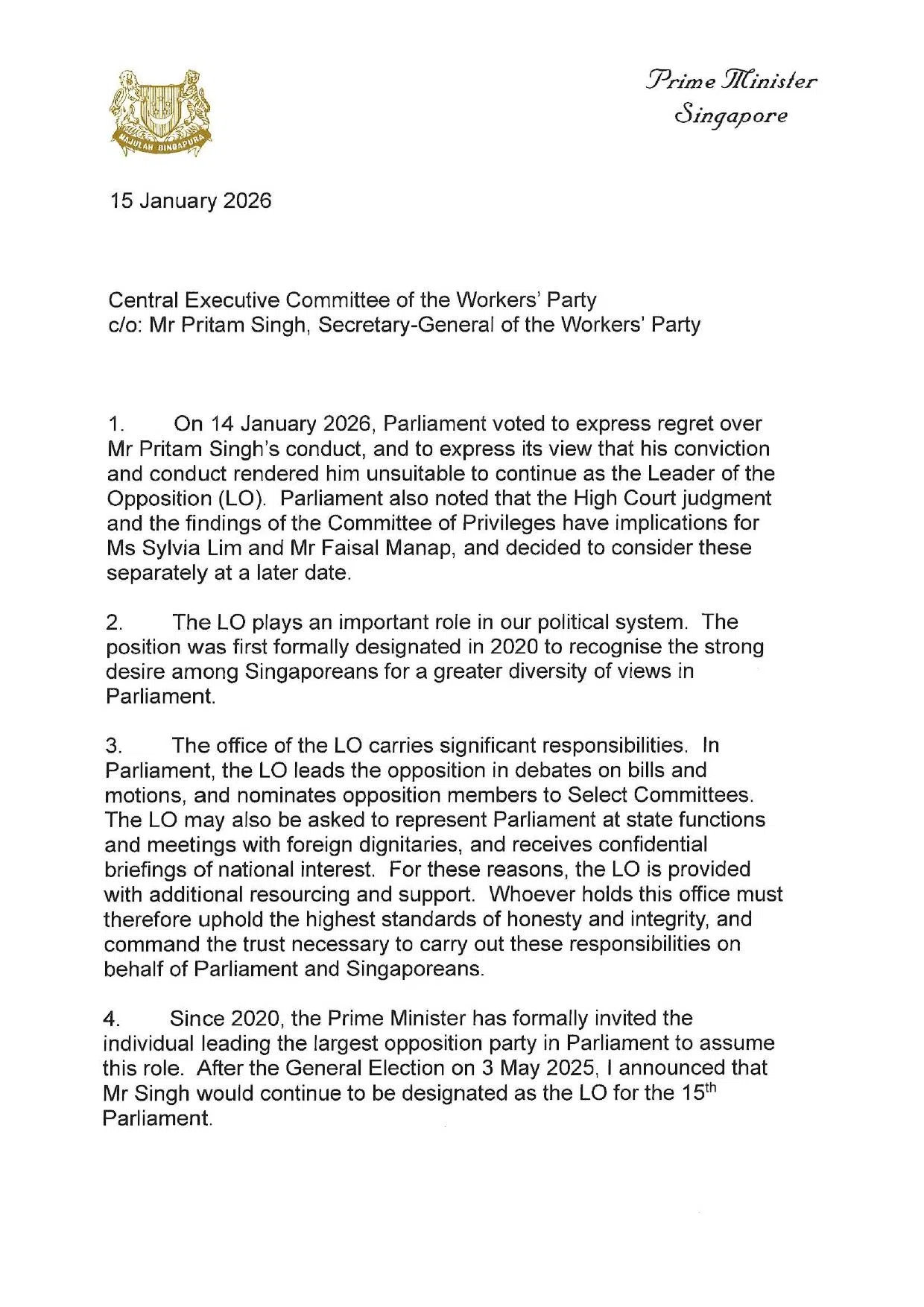 WP will ‘deliberate carefully’ on PM Wong’s letter asking it to ...