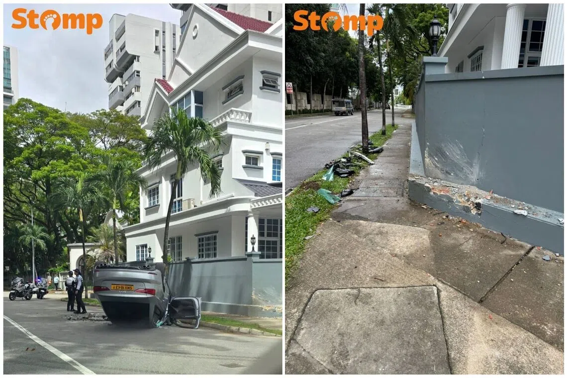 Driver taken to hospital after car overturns in Katong | The Straits Times