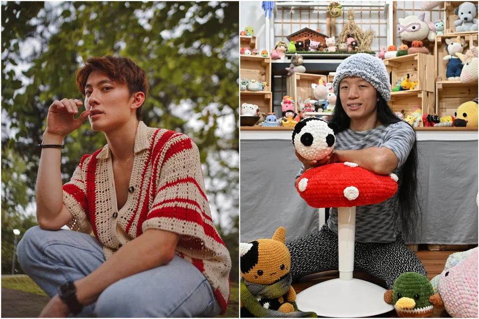 Local actor Edwin Goh (left) and co-owner of yarn shop Tiny Rabbit Hole ...