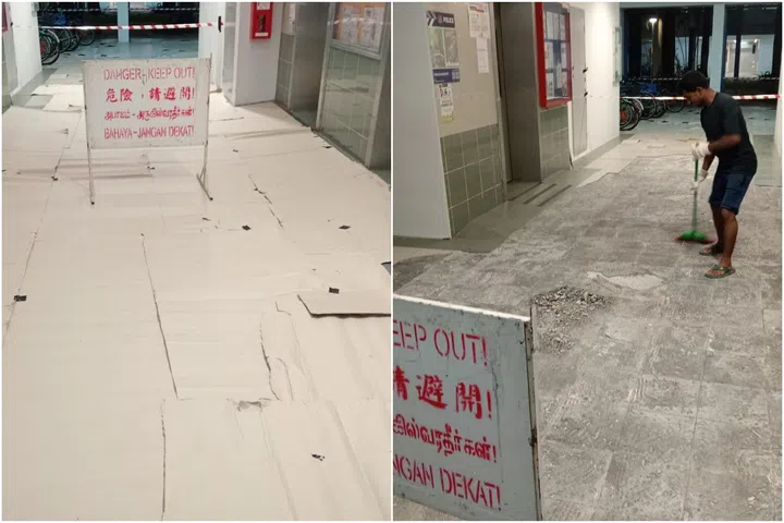 Popped floor tiles at Yew Tee HDB block lift lobby undergo repair | The ...